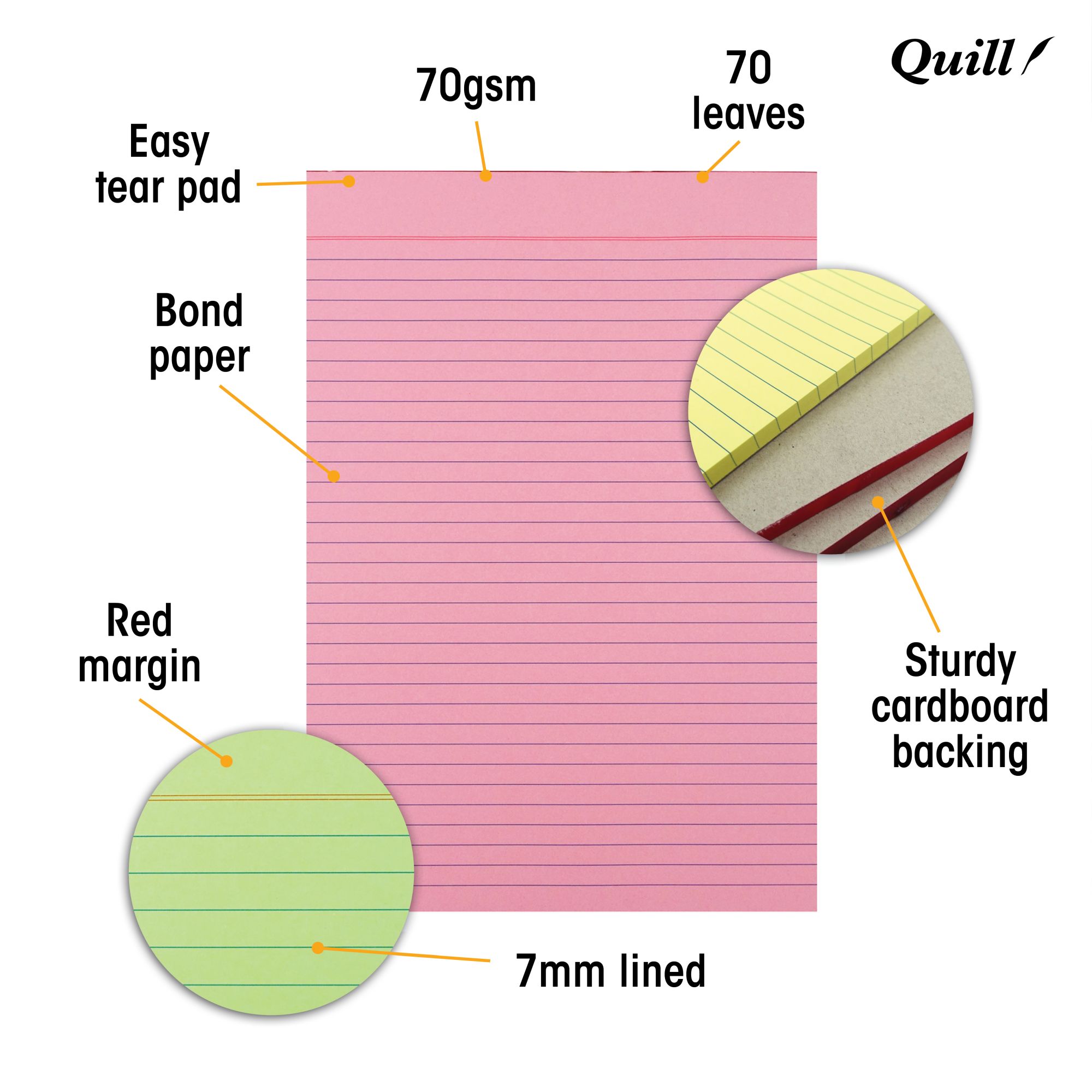 Quill Bond Pad Ruled 70gsm A4 70 Leaf Pack 5 Assorted - Hamelin Brands ...